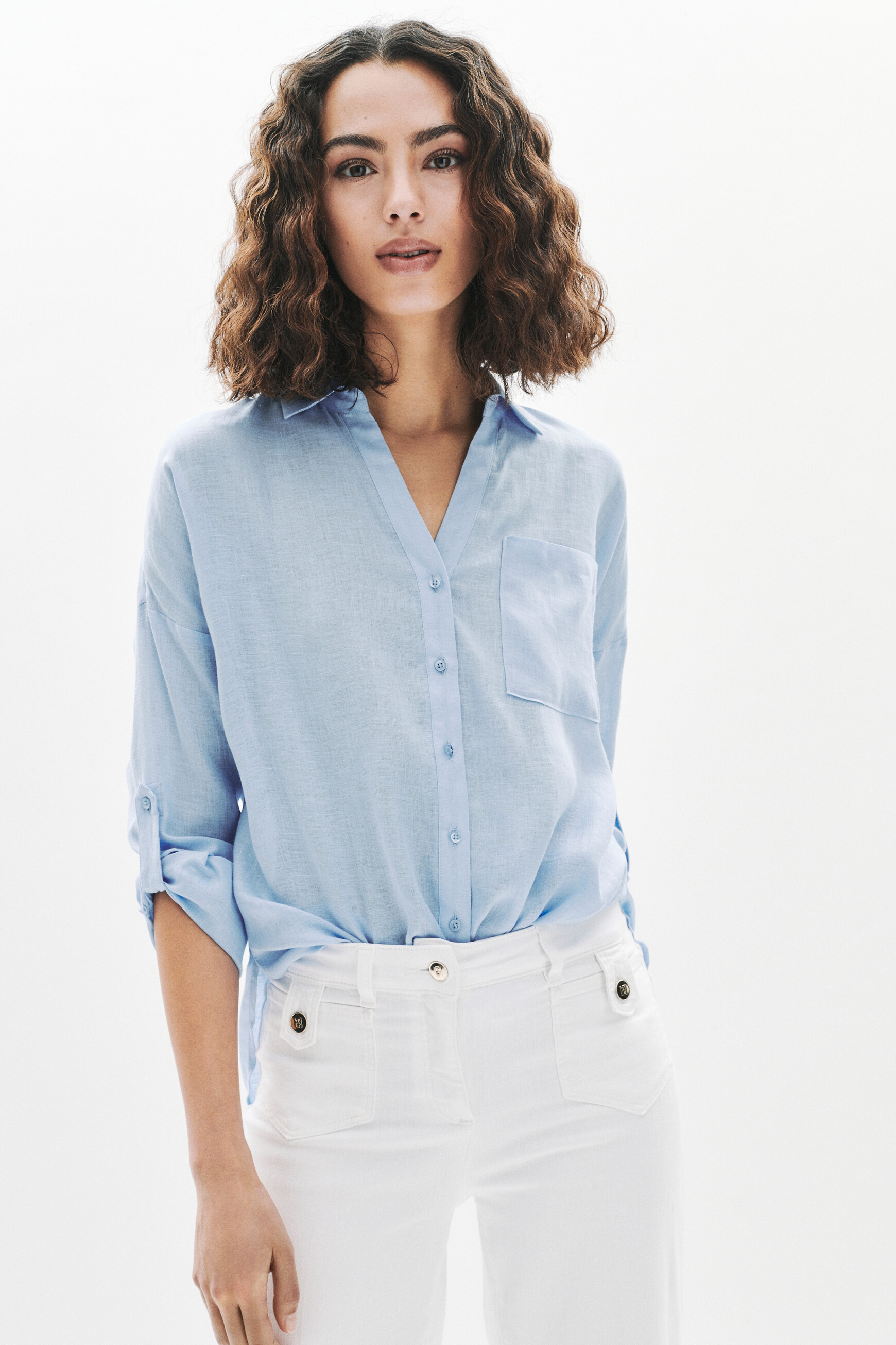 Camicia Csandinette 100% lino celeste donna