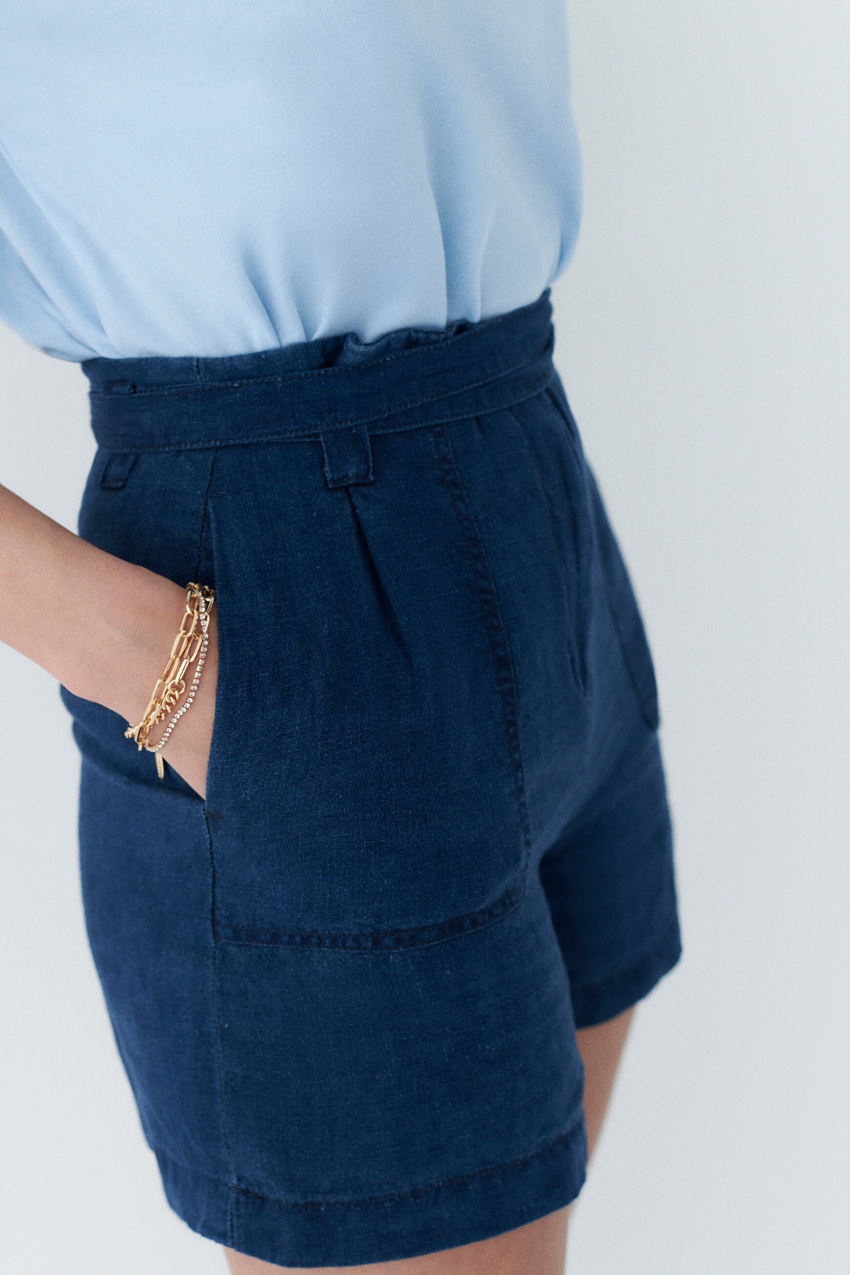 short stephen 100% lin denim baby bleu femme